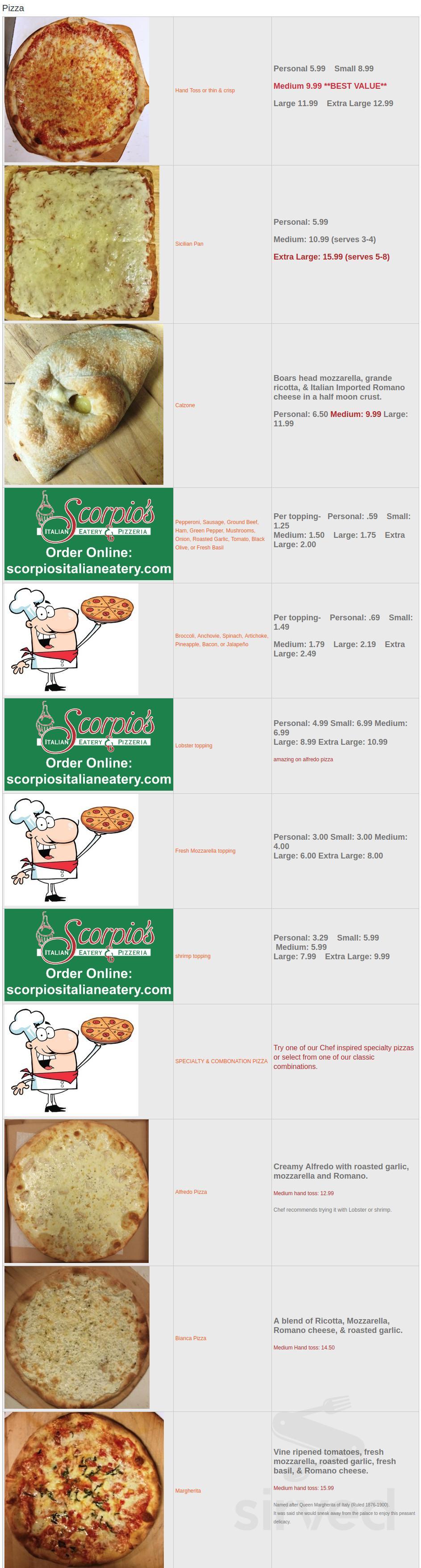 Menu for Scorpio's Family Pizzeria in Deltona, FL | Sirved