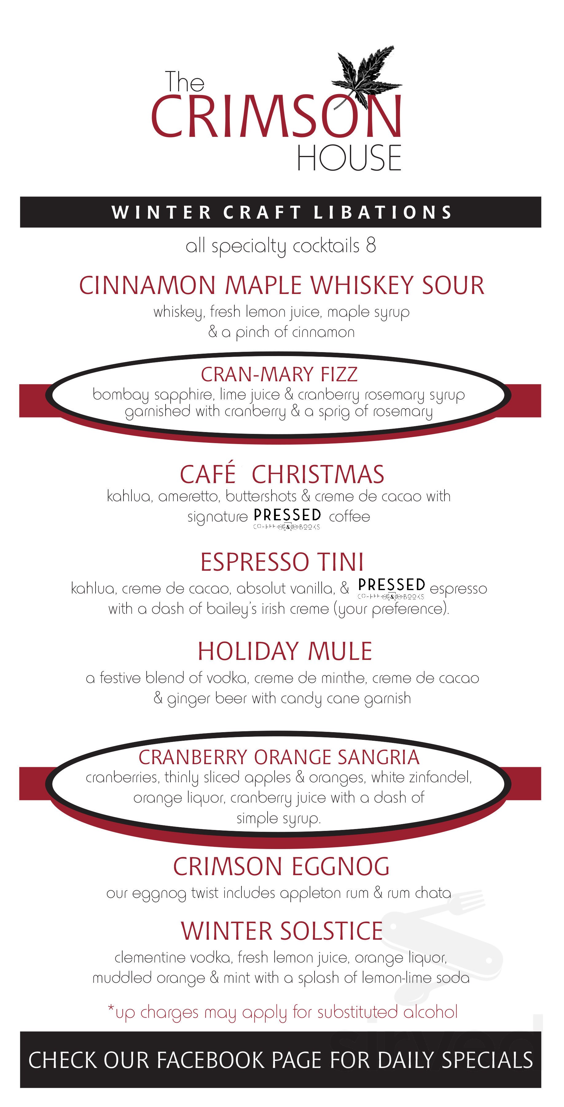 Menu for The Crimson House in Pottsville, PA | Sirved