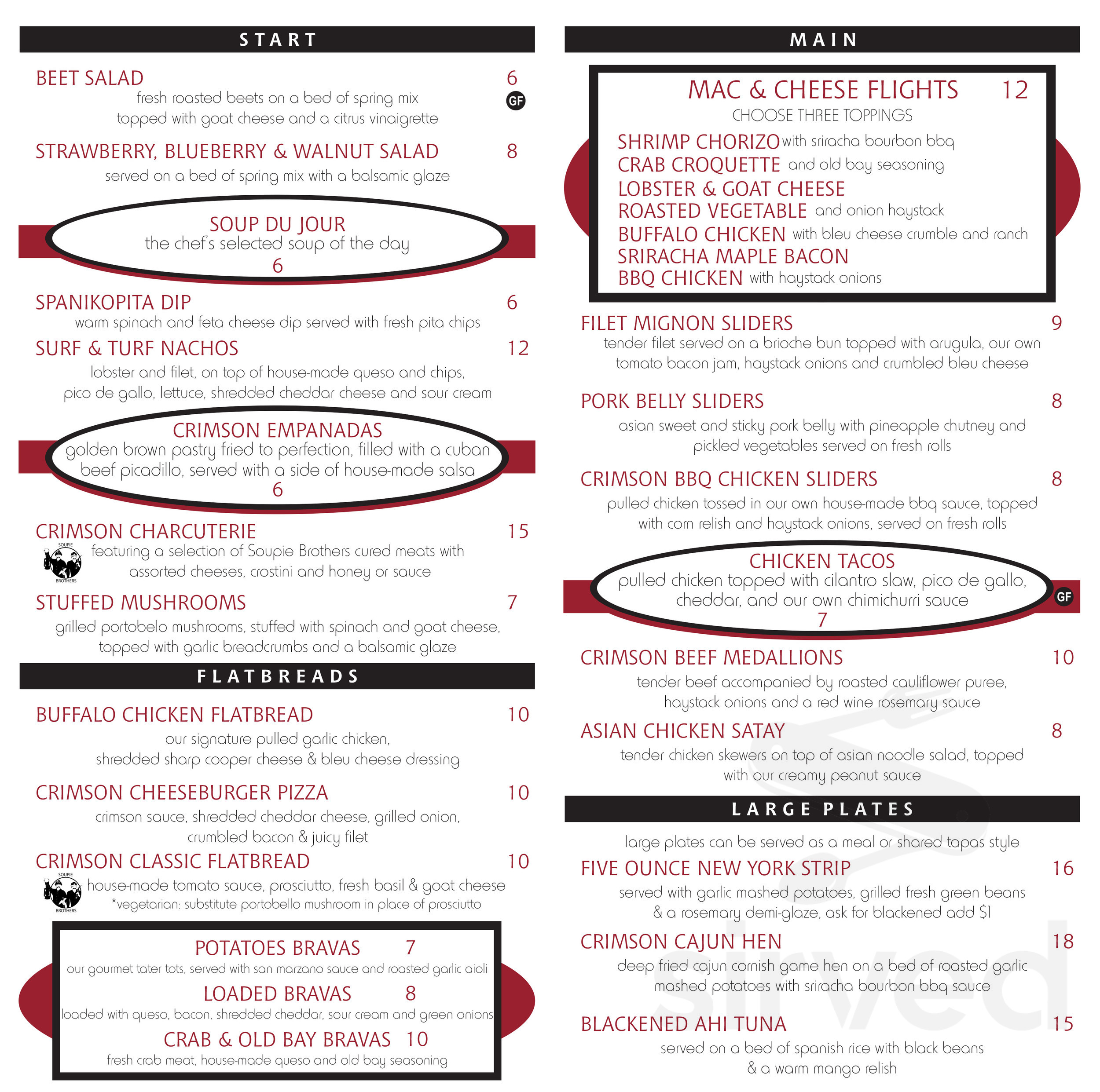 The Crimson House menu in Pottsville, Pennsylvania, USA