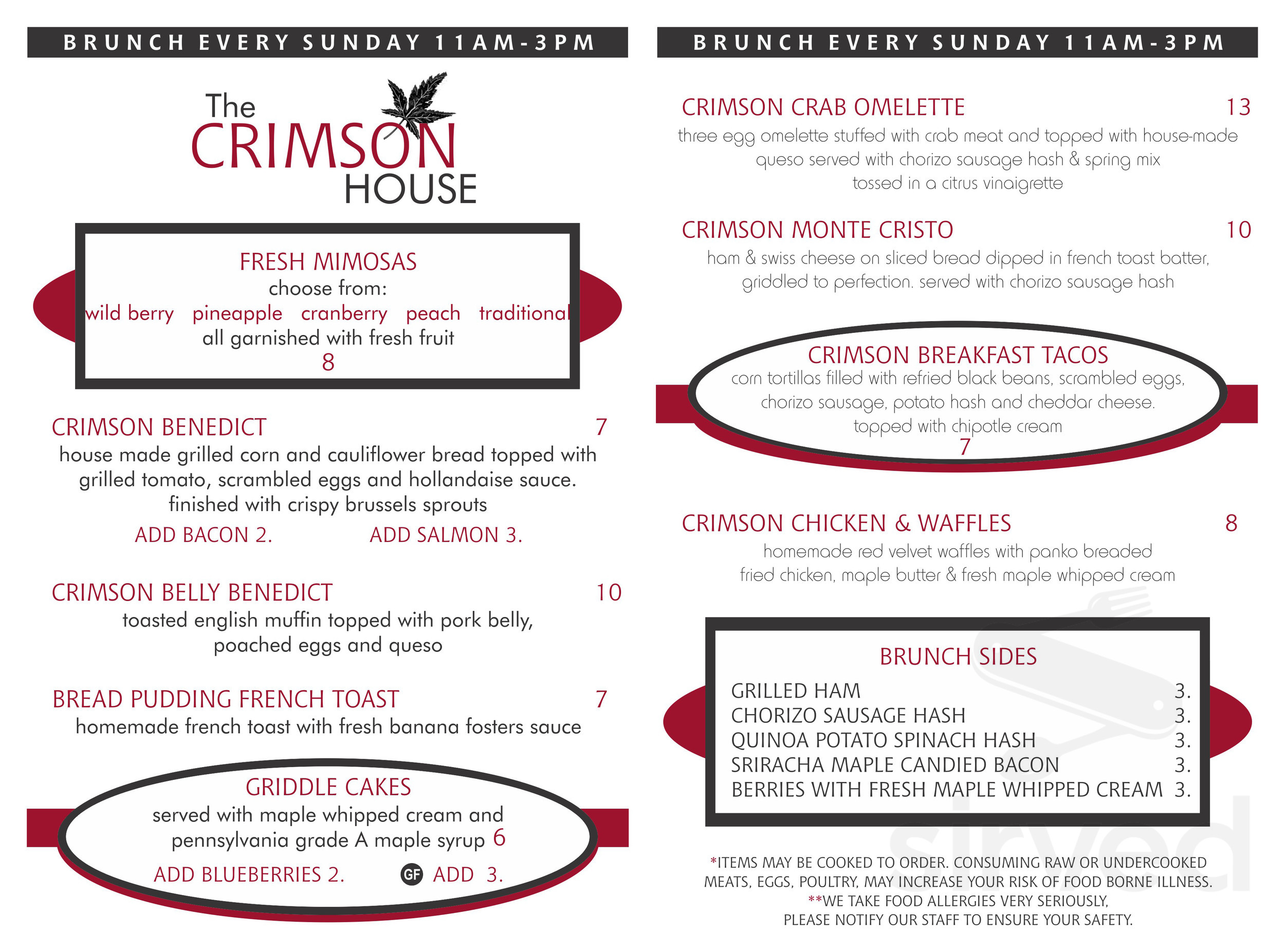 The Crimson House menu in Pottsville, Pennsylvania, USA
