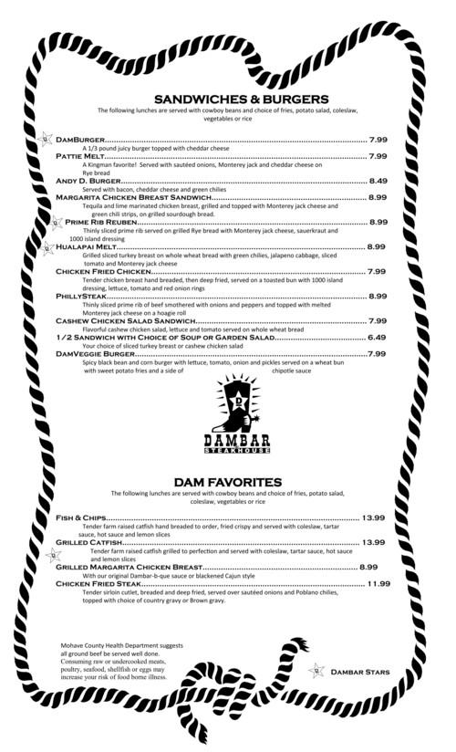 Dambar & Steak House menu in Kingman, Arizona, USA