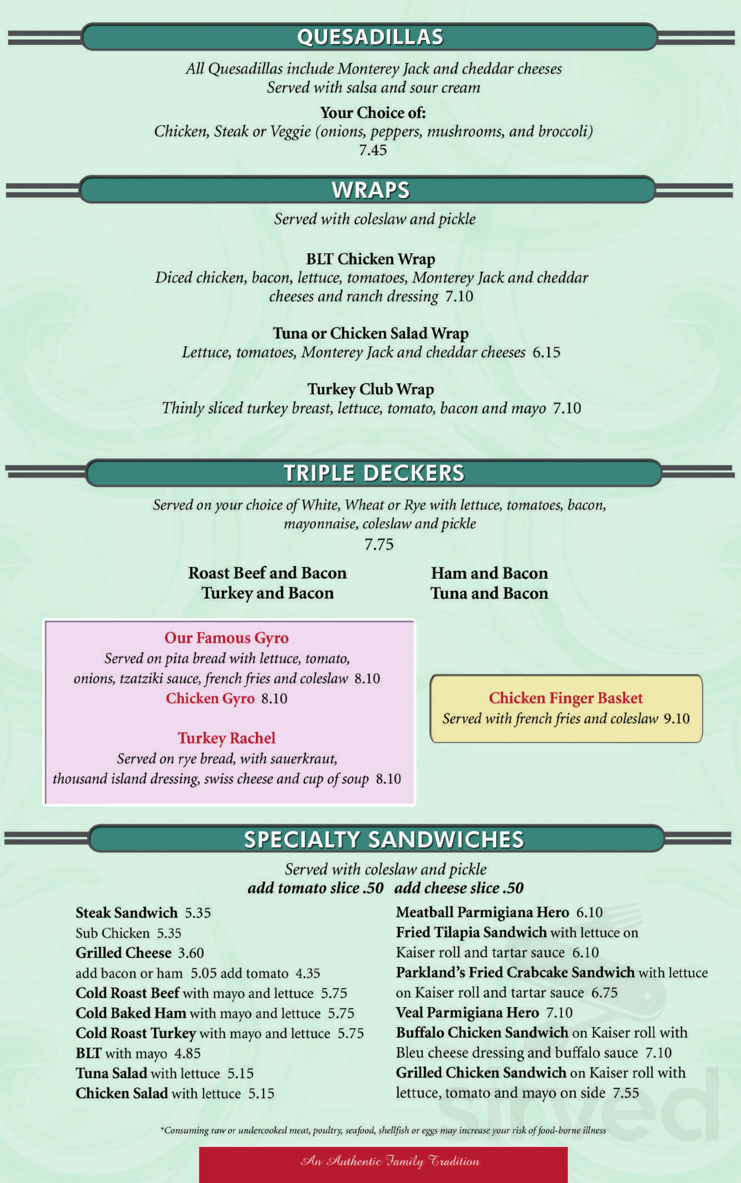 Parkland Restaurant menu in Allentown, Pennsylvania, USA