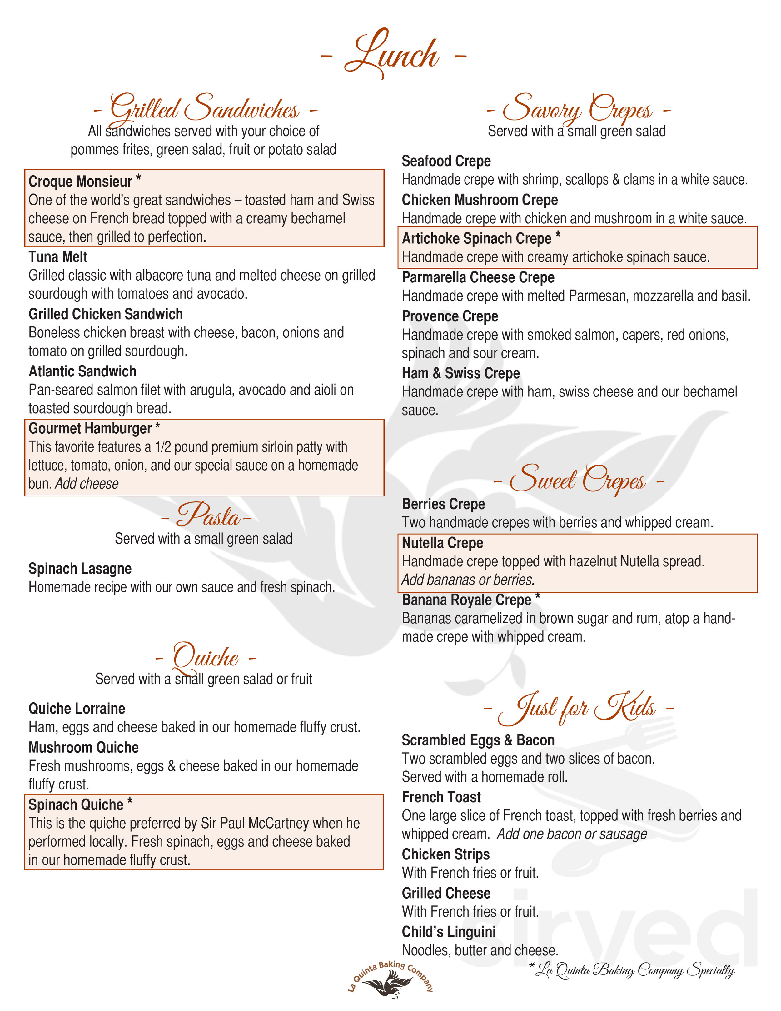 Menu for La Quinta Baking Company in La Quinta, CA | Sirved