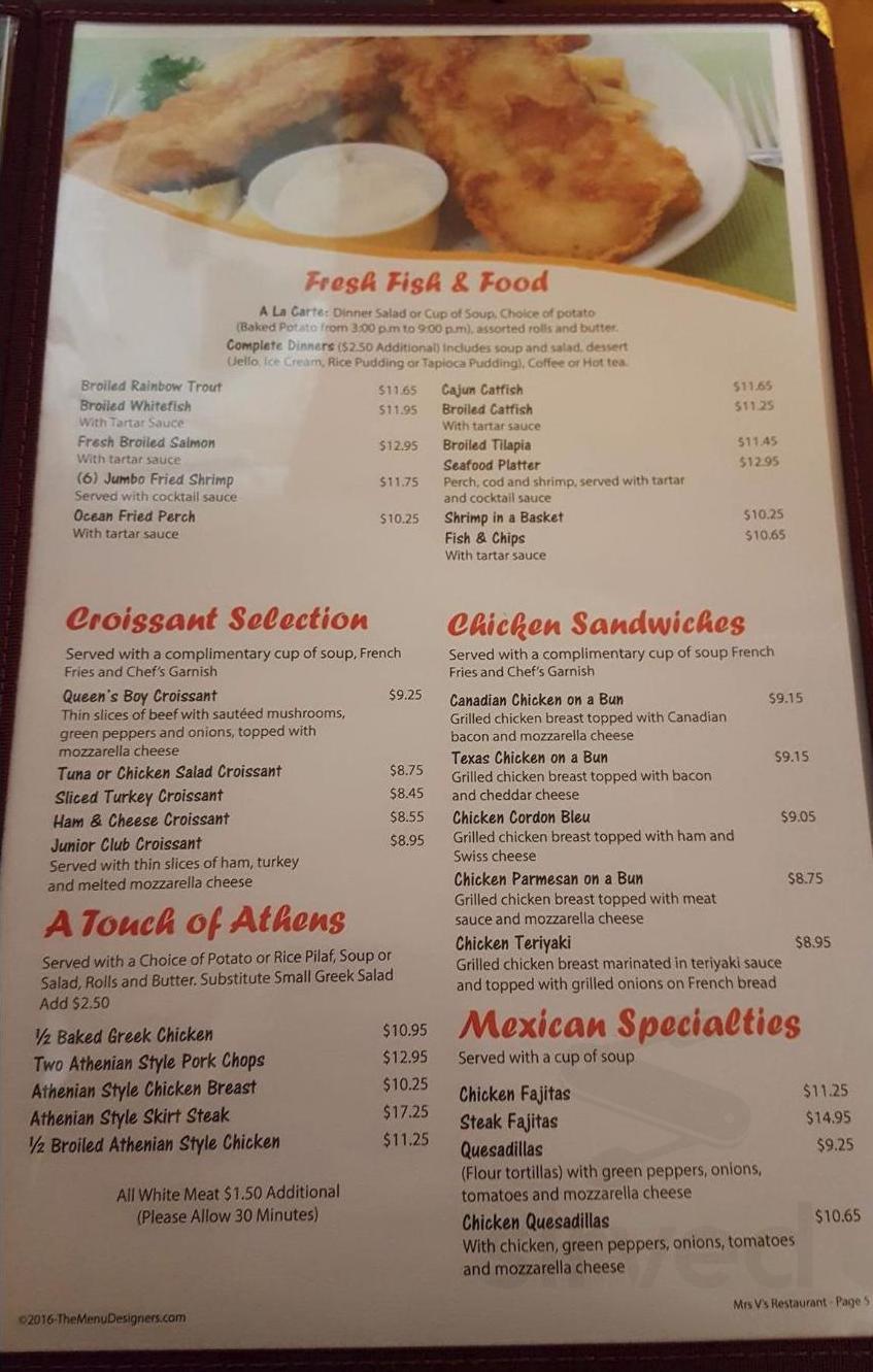 Mrs V's Restaurant menu in Round Lake Beach, Illinois, USA