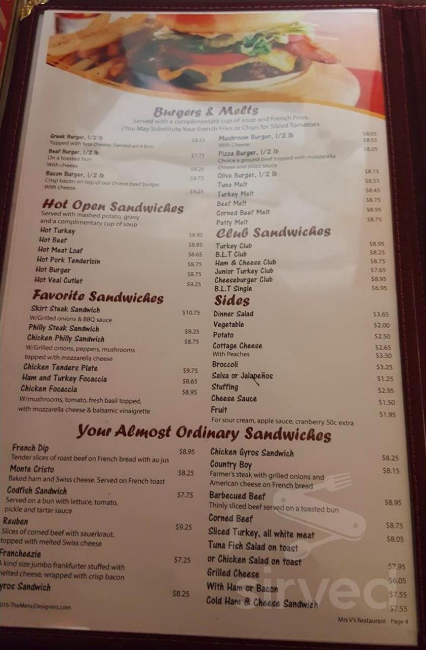Mrs V's Restaurant menu in Round Lake Beach, Illinois, USA