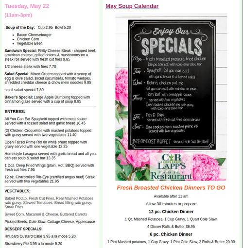 C.R. Lapp's Family Restaurant menu in Quarryville, Pennsylvania, USA