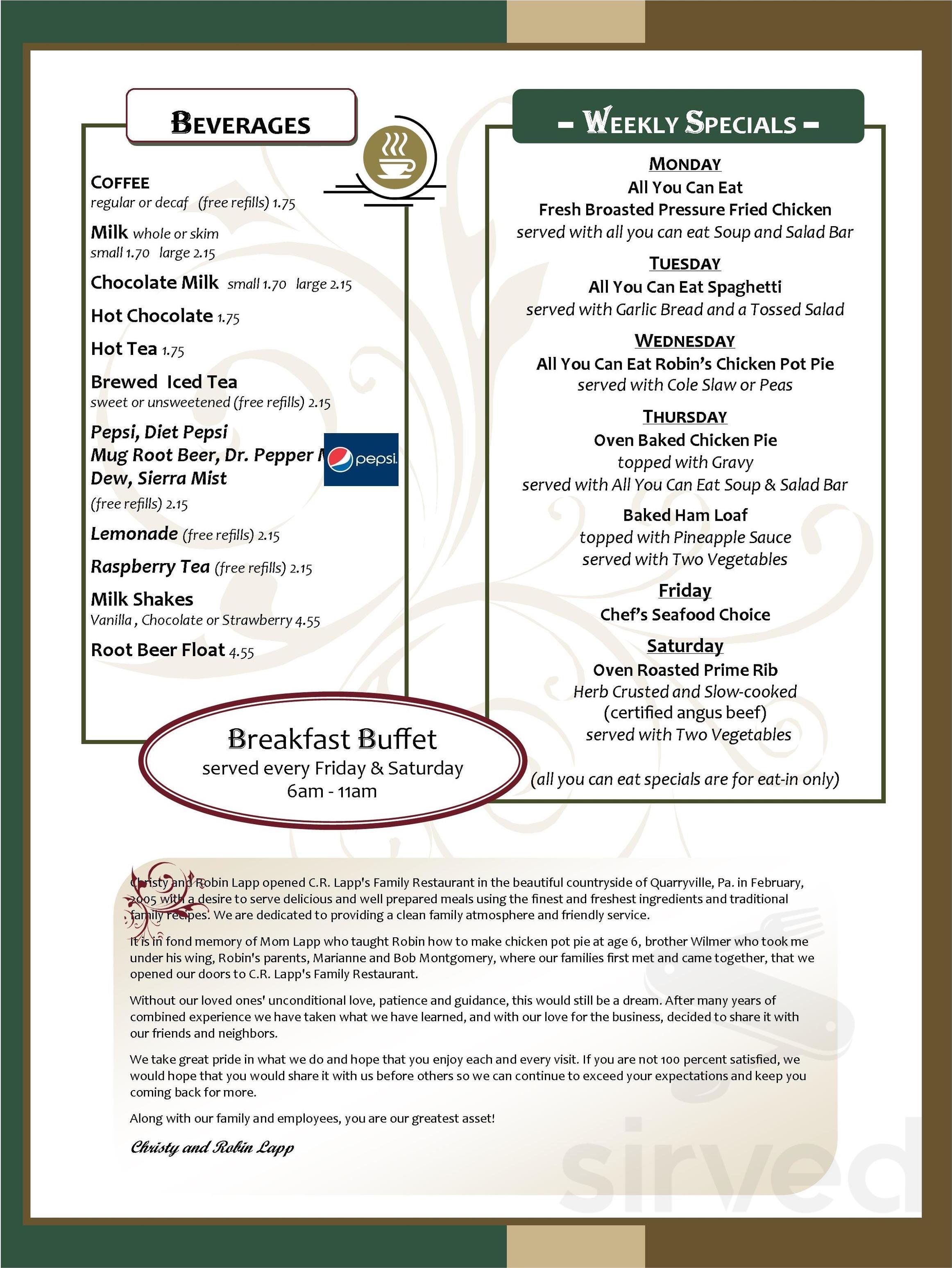 C.R. Lapp's Family Restaurant menus in Quarryville, Pennsylvania ...