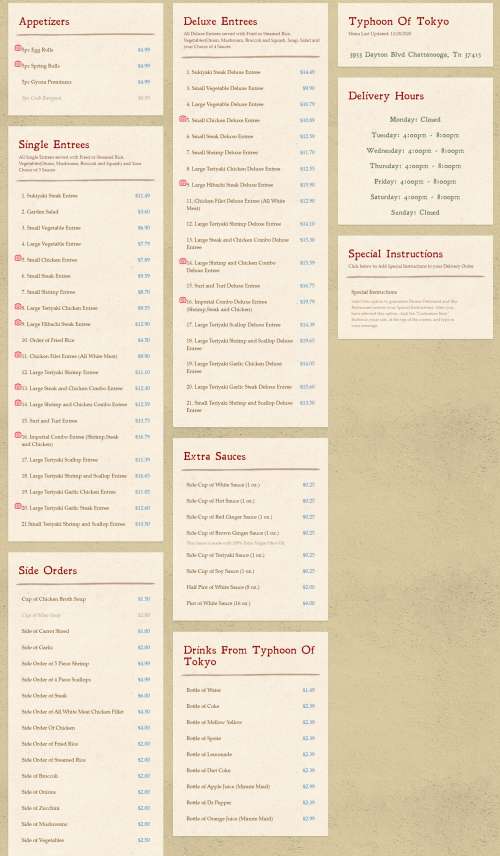Typhoon of Tokyo menu in Chattanooga, Tennessee, USA