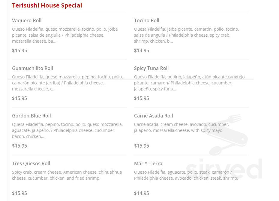 Terisushi menu in Tucson, Arizona, USA