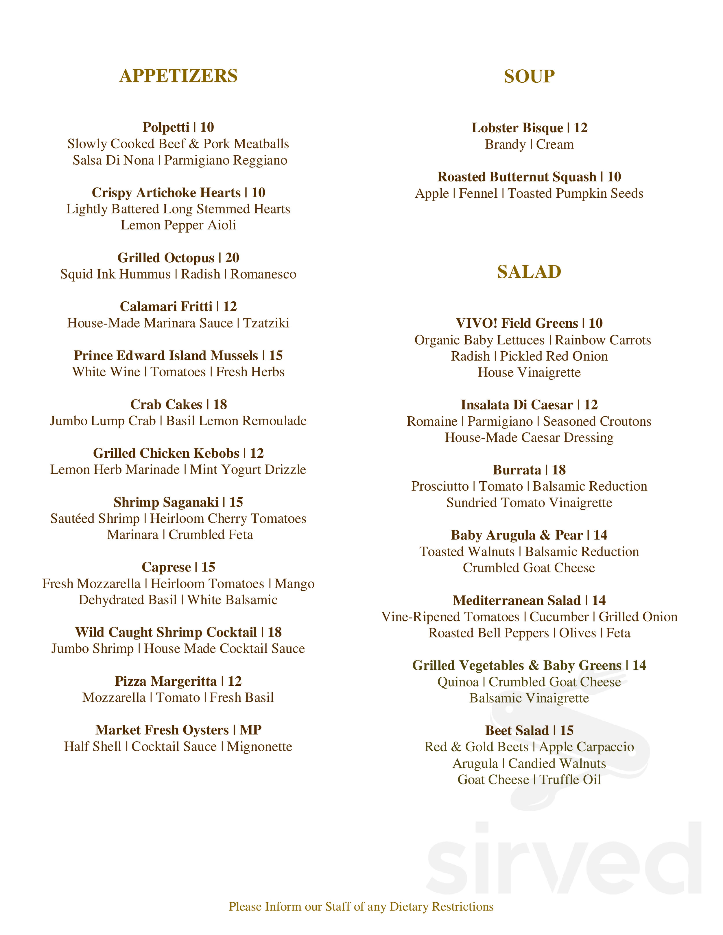 Vivo menu in Bayside, New York, USA