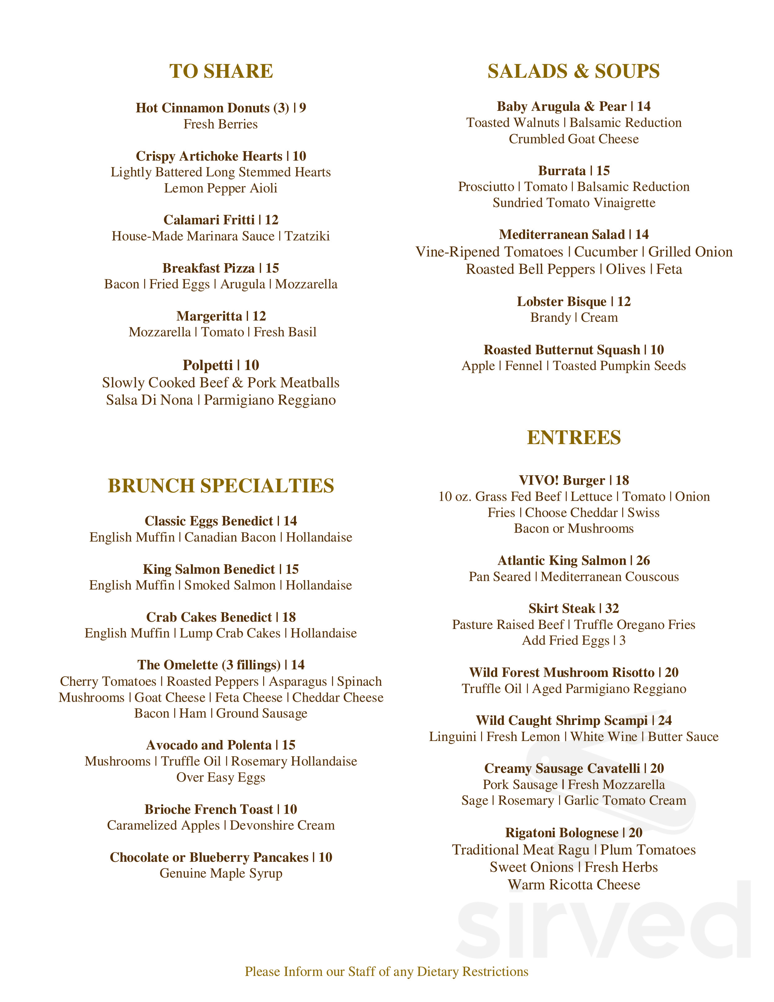 Vivo menu in Bayside, New York, USA