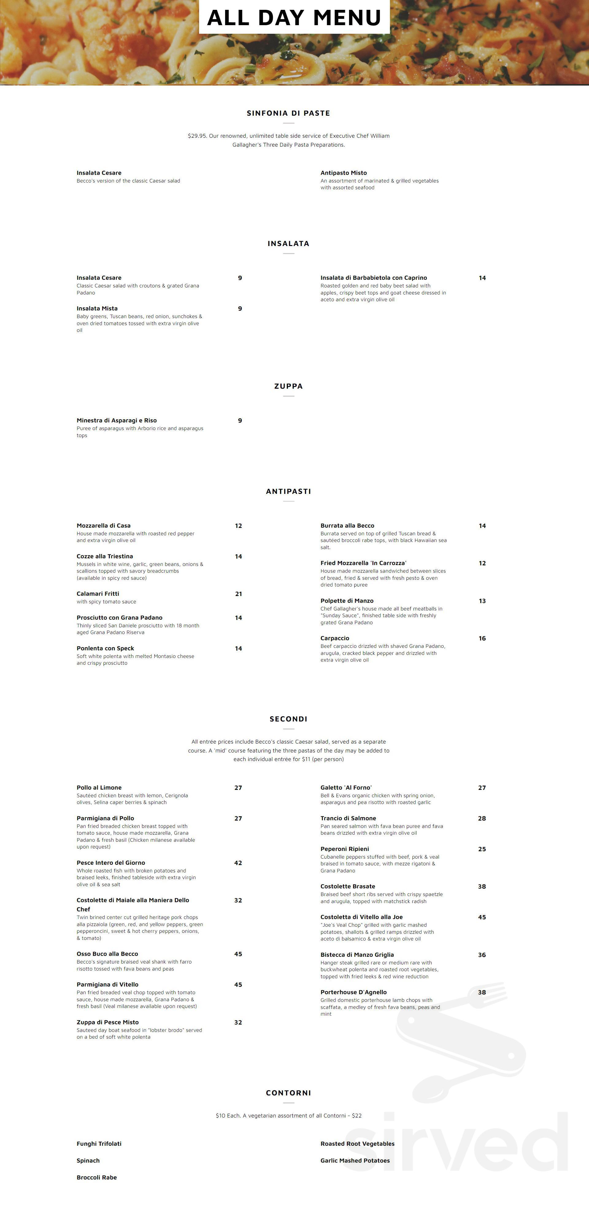 Becco menu in New York, New York, USA