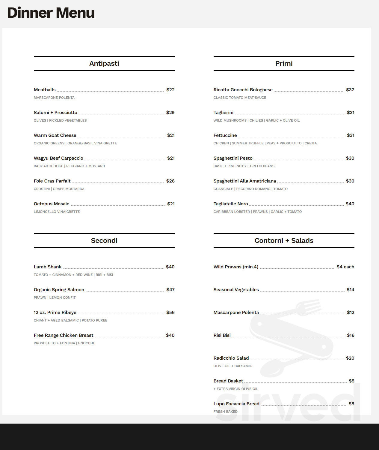 Lupo Restaurant & Vinoteca menus in Vancouver, British Columbia, Canada