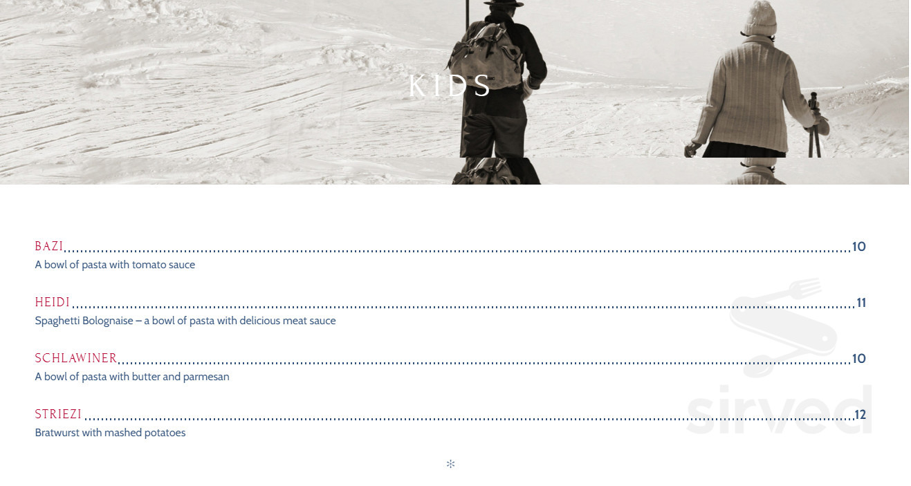 Alpenrose Vail menu in Vail, Colorado, USA