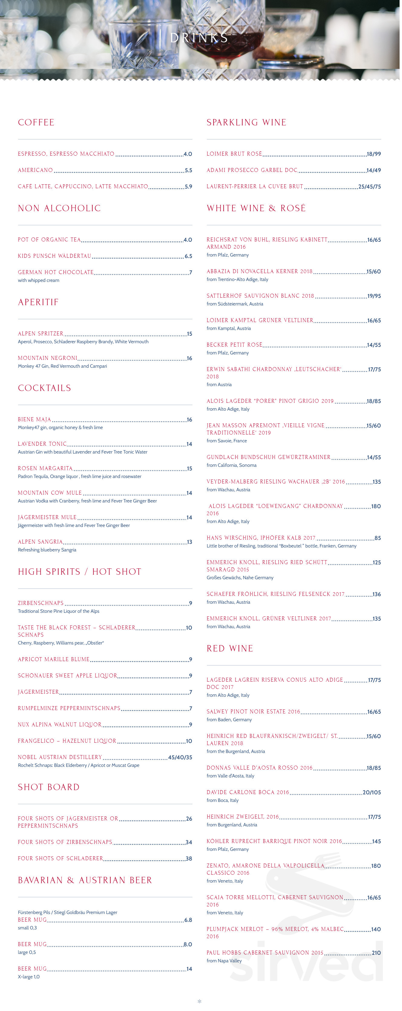 Alpenrose Vail menu in Vail, Colorado, USA