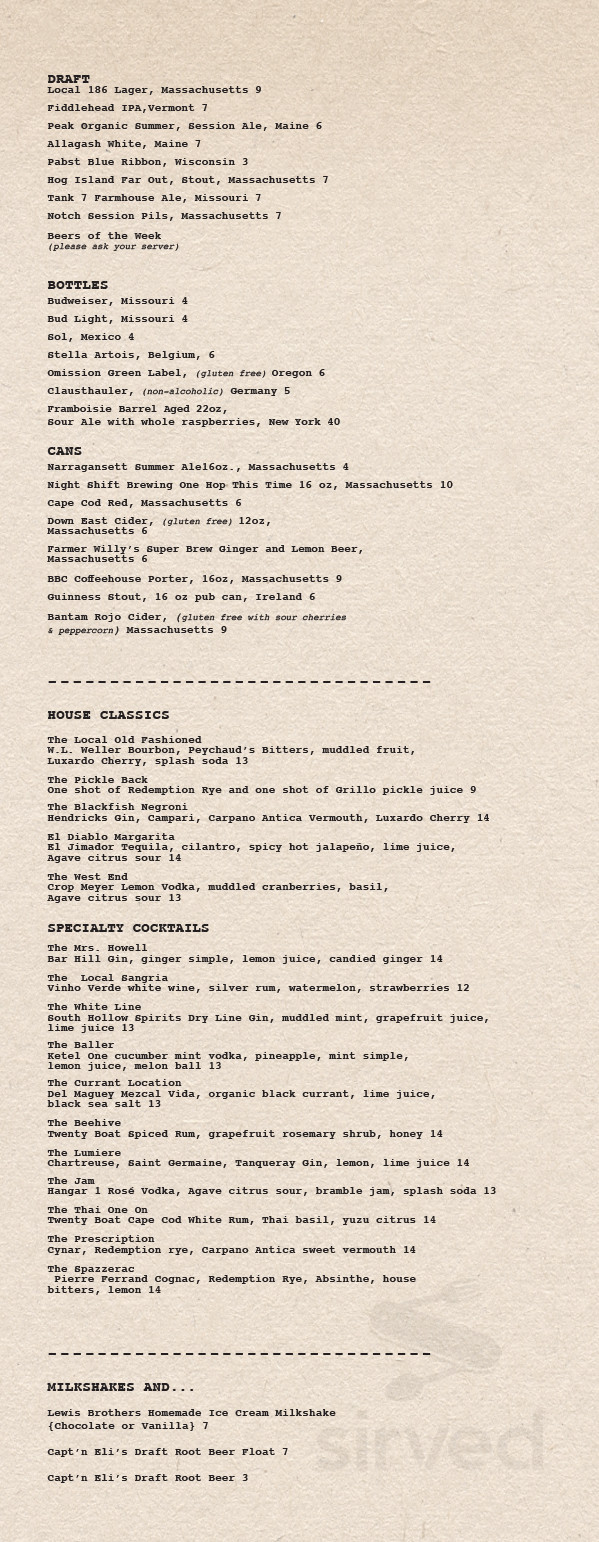 Menu - Provincetown MA's Local 186 | Sirved