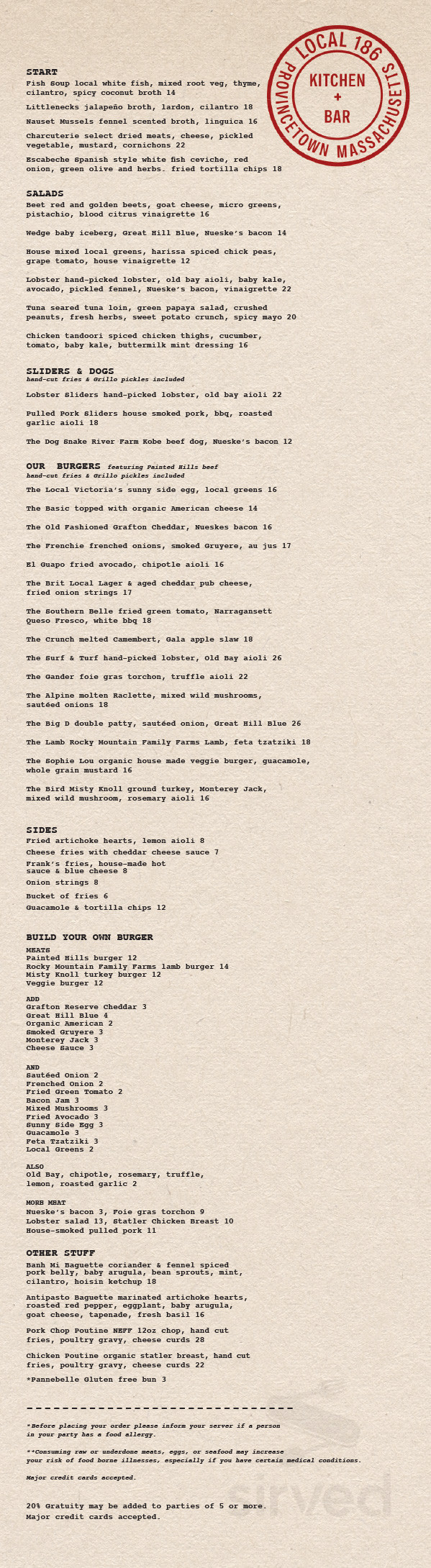 Menu - Provincetown MA's Local 186 | Sirved