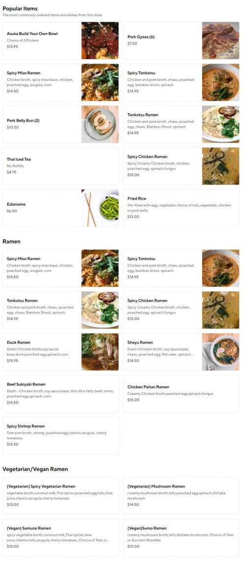 Asuka Ramen & Poke menu in Denver, Colorado, USA