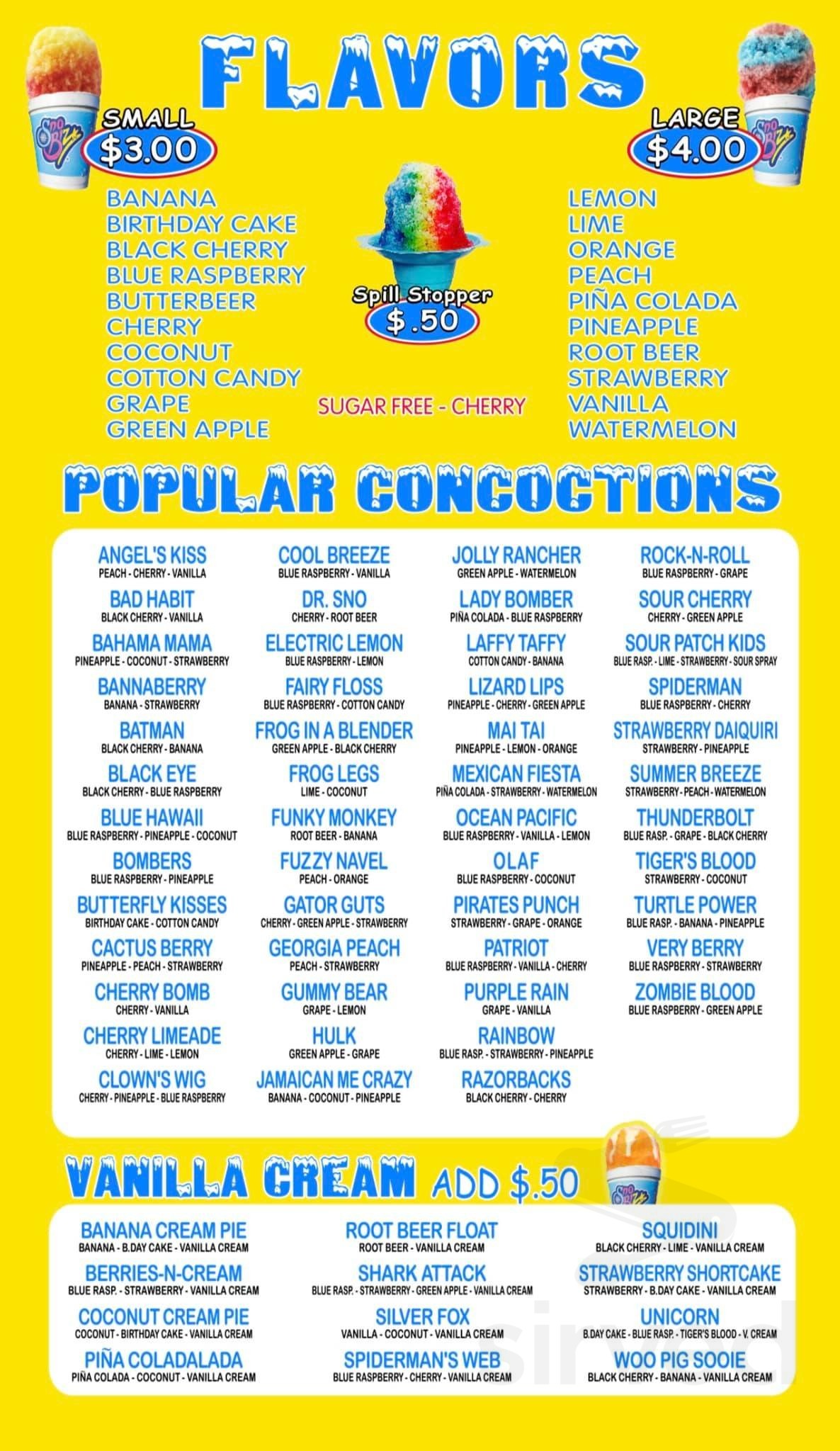 Sno Biz of Mountain Home menu in Mountain Home, Arkansas, USA