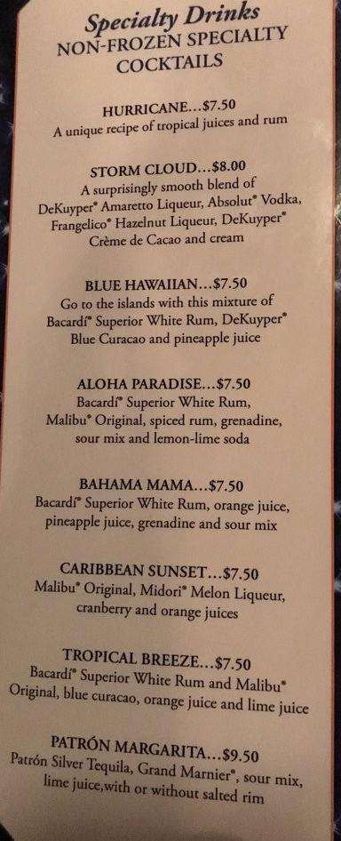 StarLite Majesty menu in Clearwater, Florida, USA