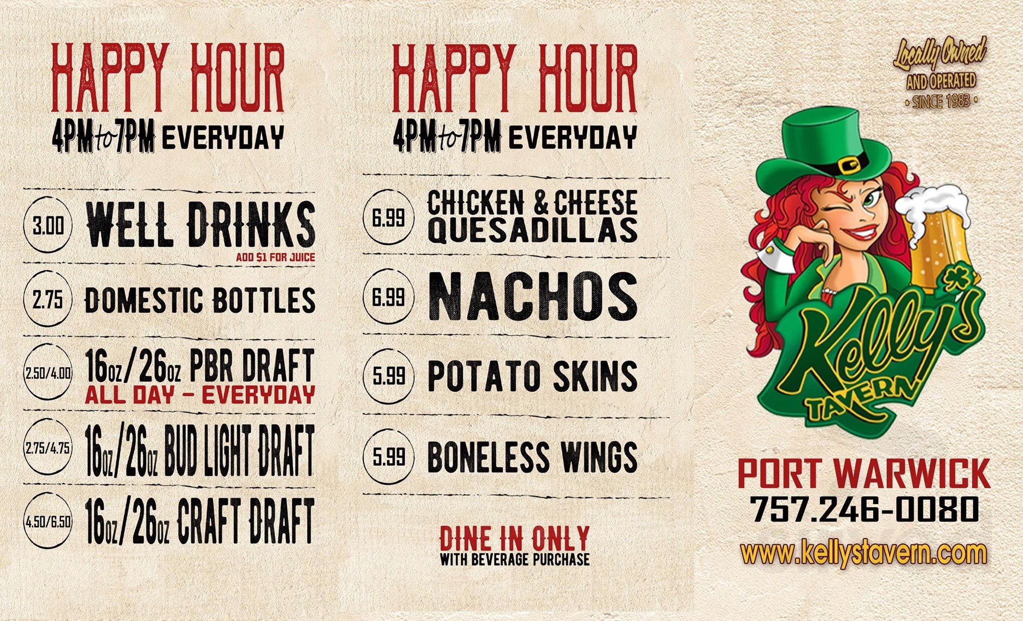 Kelly's Tavern menu in Newport News, Virginia, USA