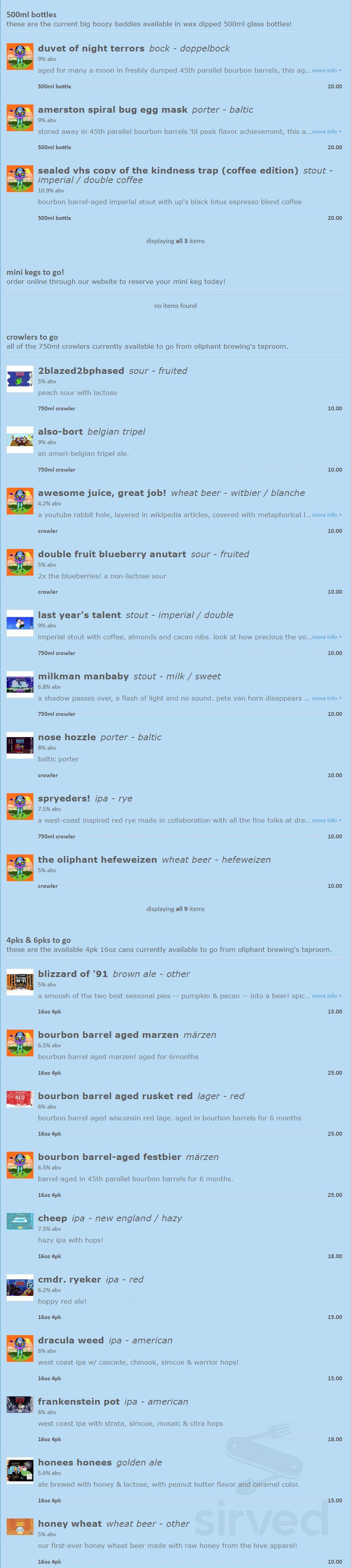 Oliphant Brewing menu in Somerset, Wisconsin, USA