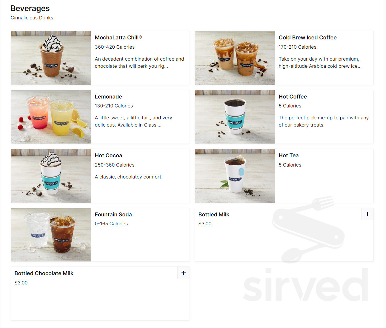Cinnabon menu in Auburn, Washington, USA