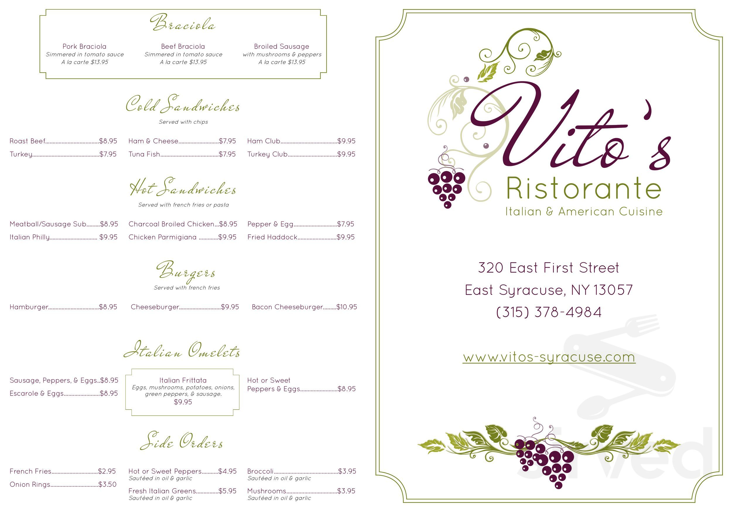 Vito's Ristorante menu in East Syracuse, New York, USA