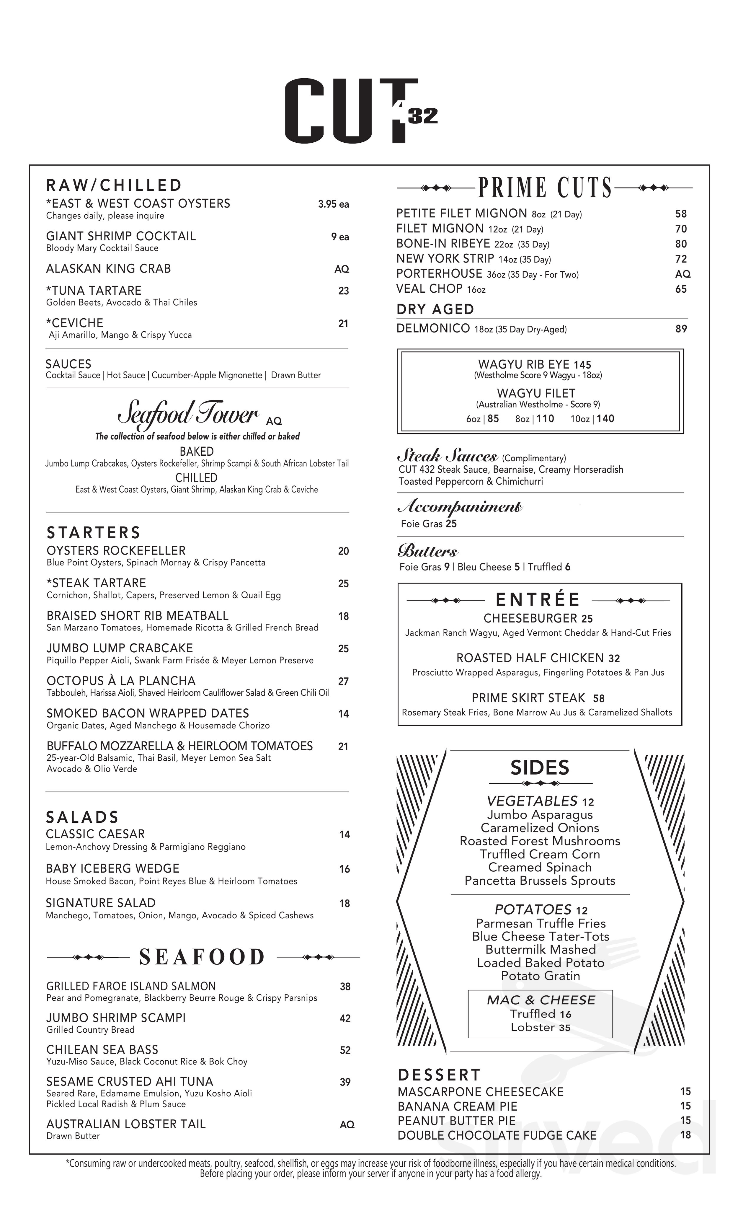 Cut 432 menu in Delray Beach, Florida, USA