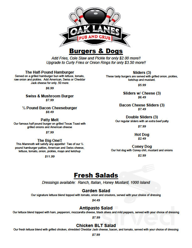 Oak Lanes menus in Westland, Michigan, United States