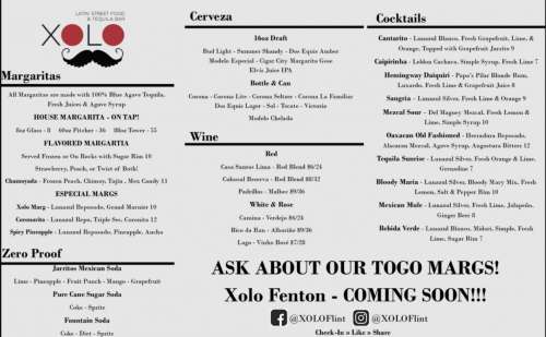 Xolo menu in Flint, Michigan, USA