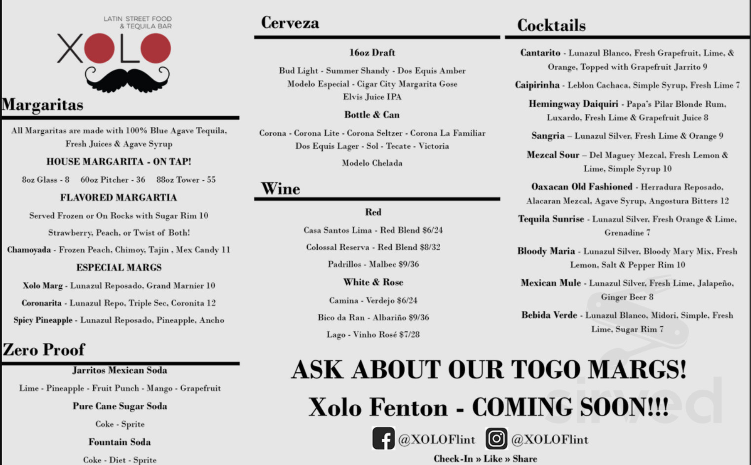 Xolo menus in Flint, Michigan, United States