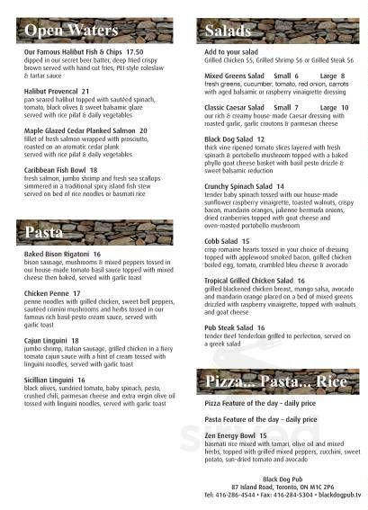 The Black Dog Pub menu in Scarborough, Ontario, Canada