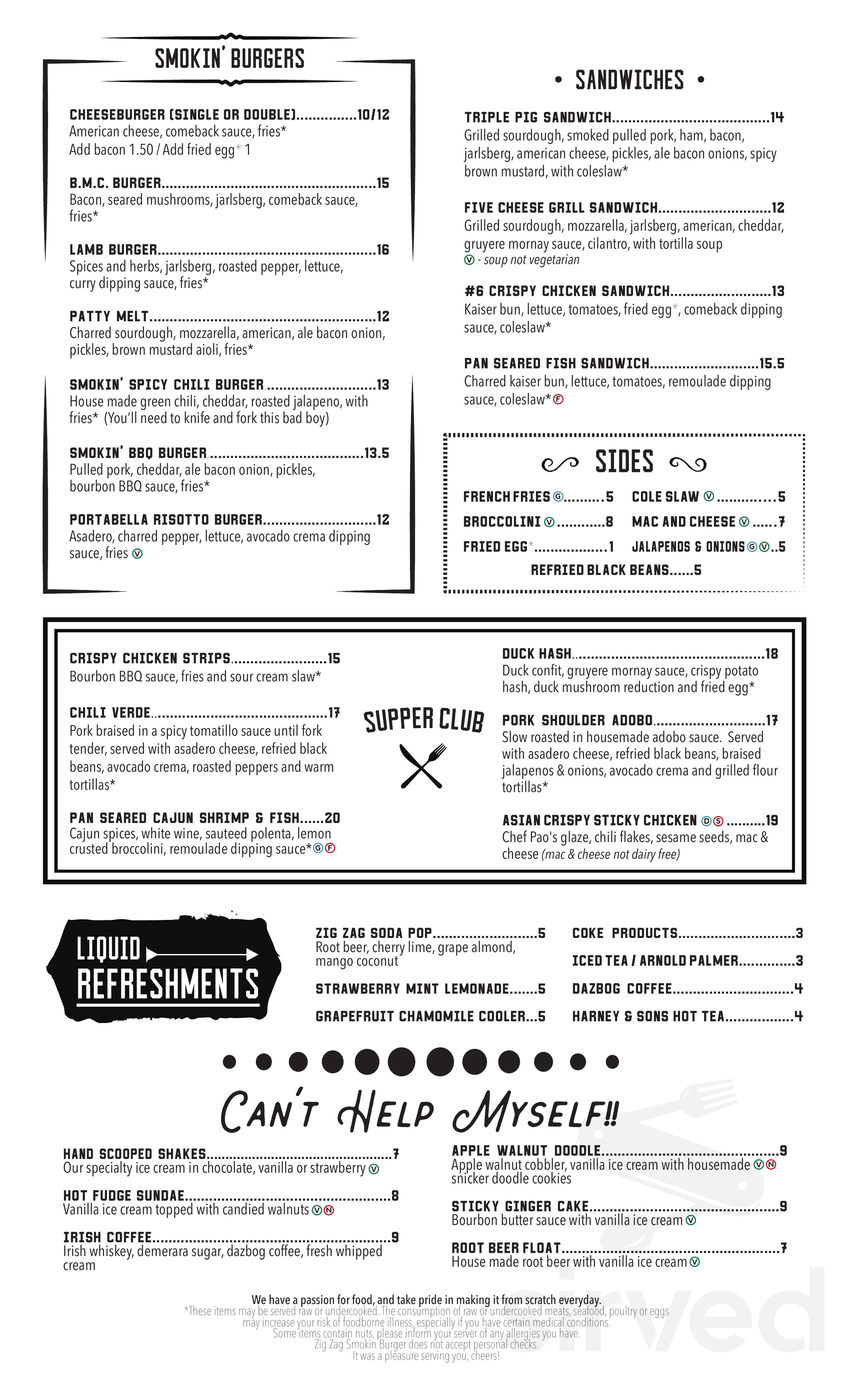 Zig Zag Smokin' Burger menu in Greenwood Village, Colorado, USA