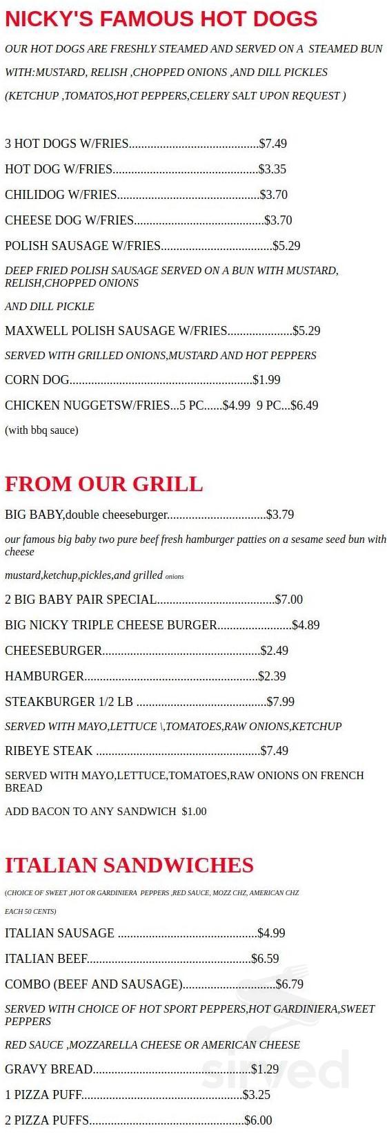 Nicky's The Real McCoy® menu in Cicero, Illinois, USA