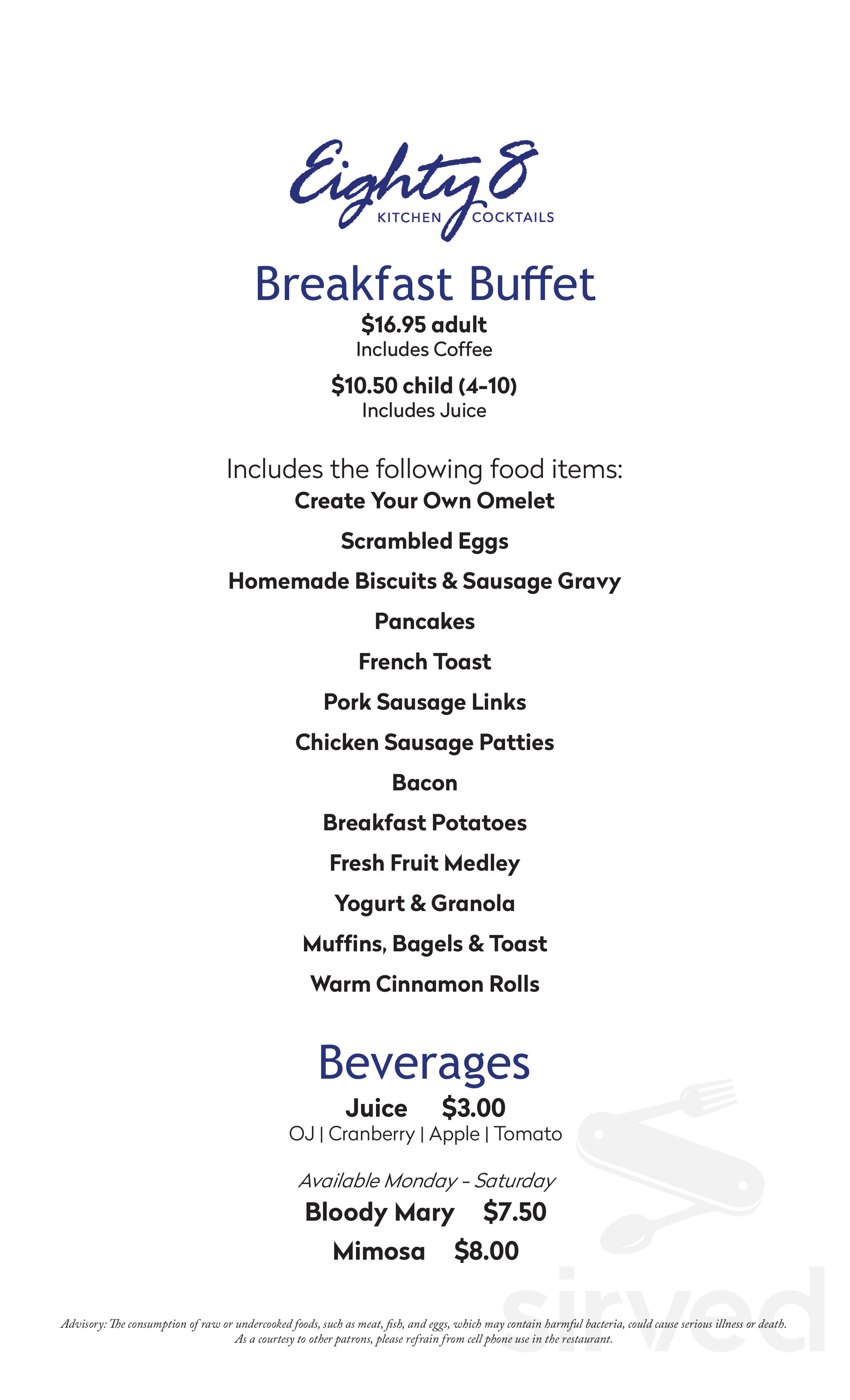 Menu for Eighty 8 Kitchen + Cocktails in Greensboro, GA | Sirved