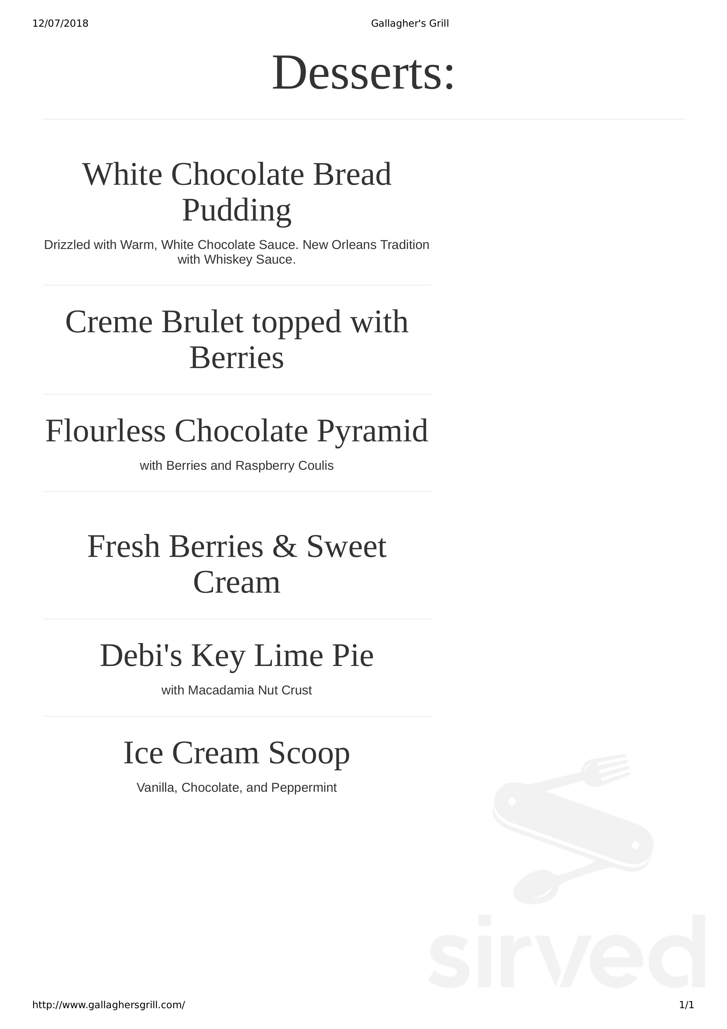 Gallagher's Grill menu in Covington, Louisiana, USA