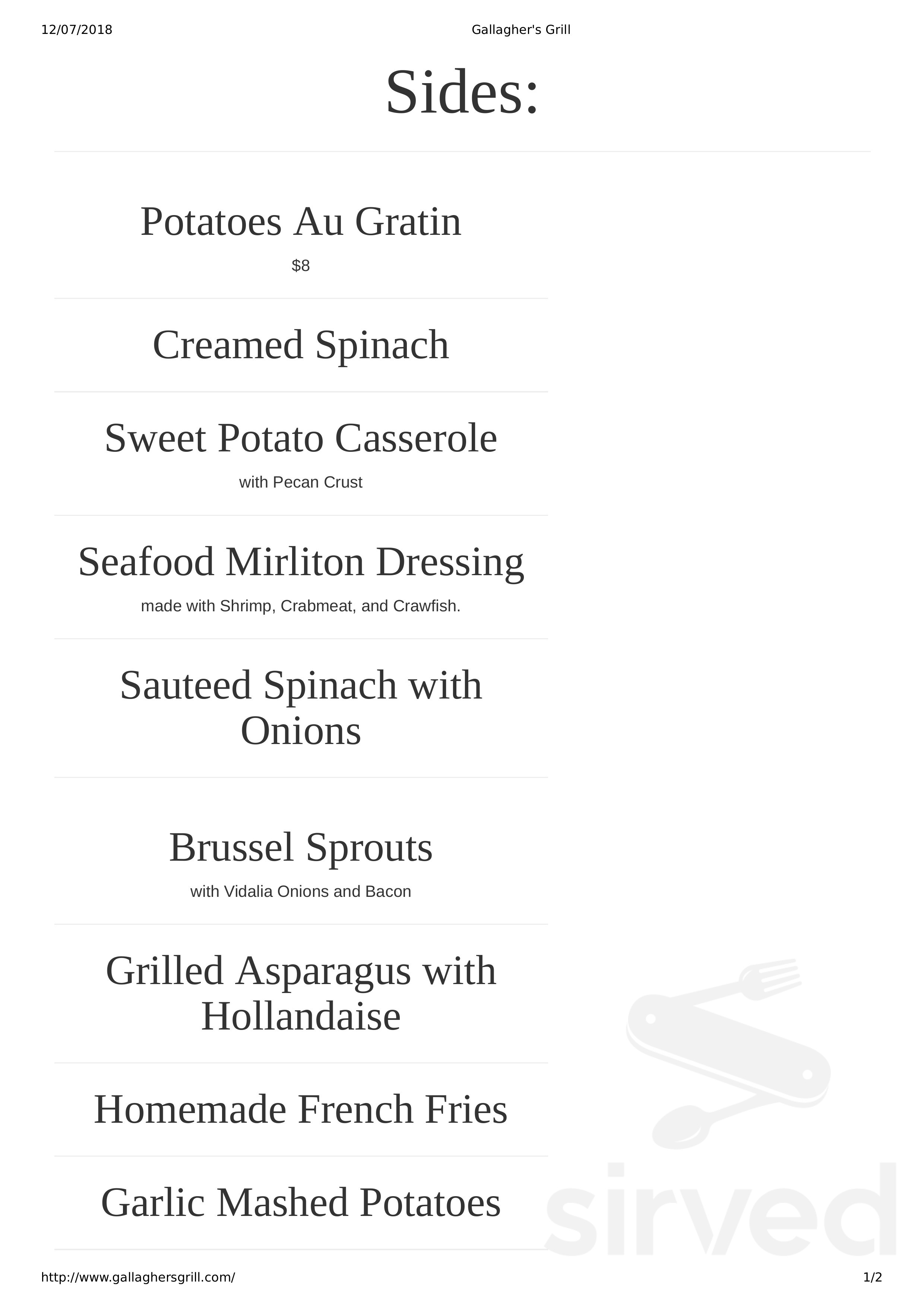 Gallagher's Grill menu in Covington, Louisiana, USA