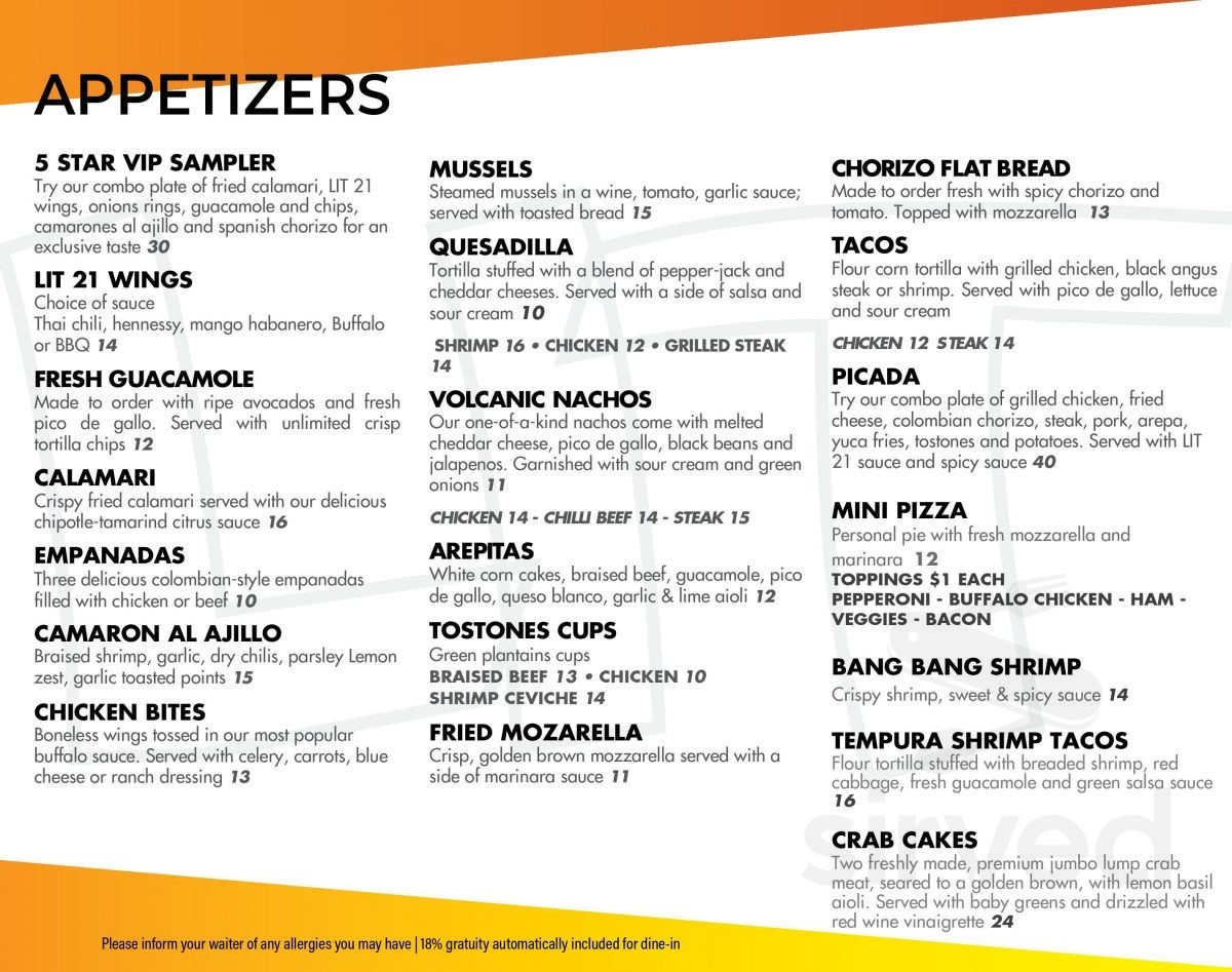 Lit 21 menu in Newark, New Jersey, USA