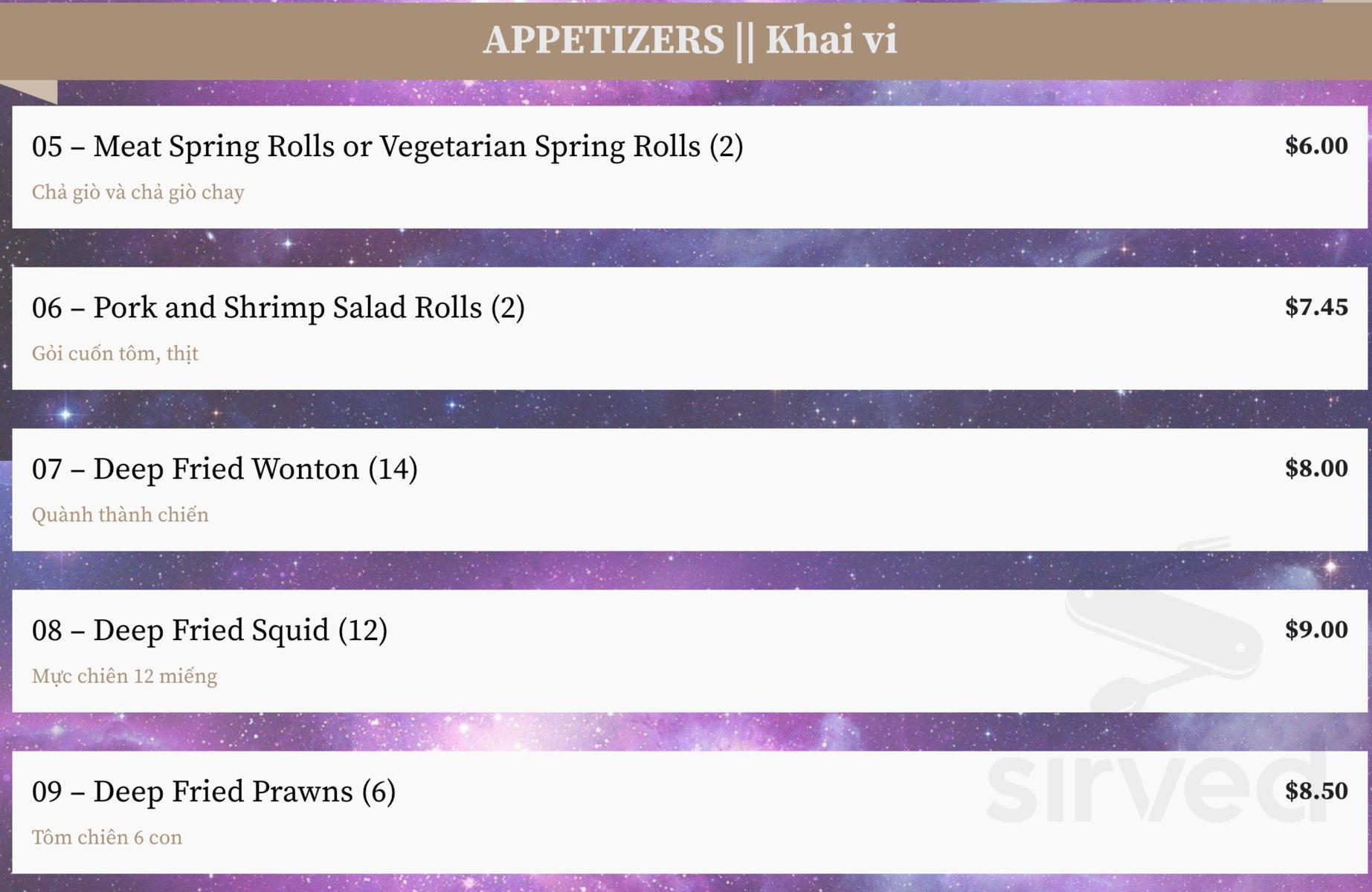 Pho Galaxy menu in Chilliwack, British Columbia, Canada
