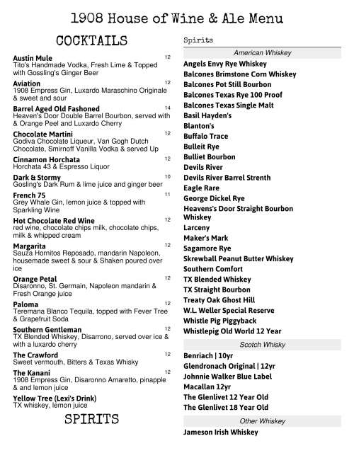 1908 House of Wine & Ale menu in Cibolo, Texas, USA