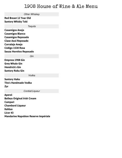 1908 House of Wine & Ale menu in Cibolo, Texas, USA