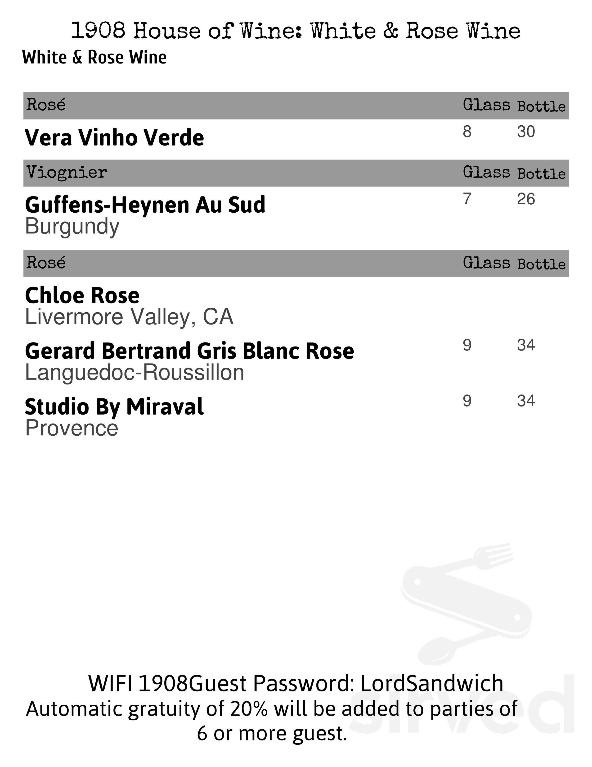 1908 House of Wine & Ale menu in Cibolo, Texas, USA