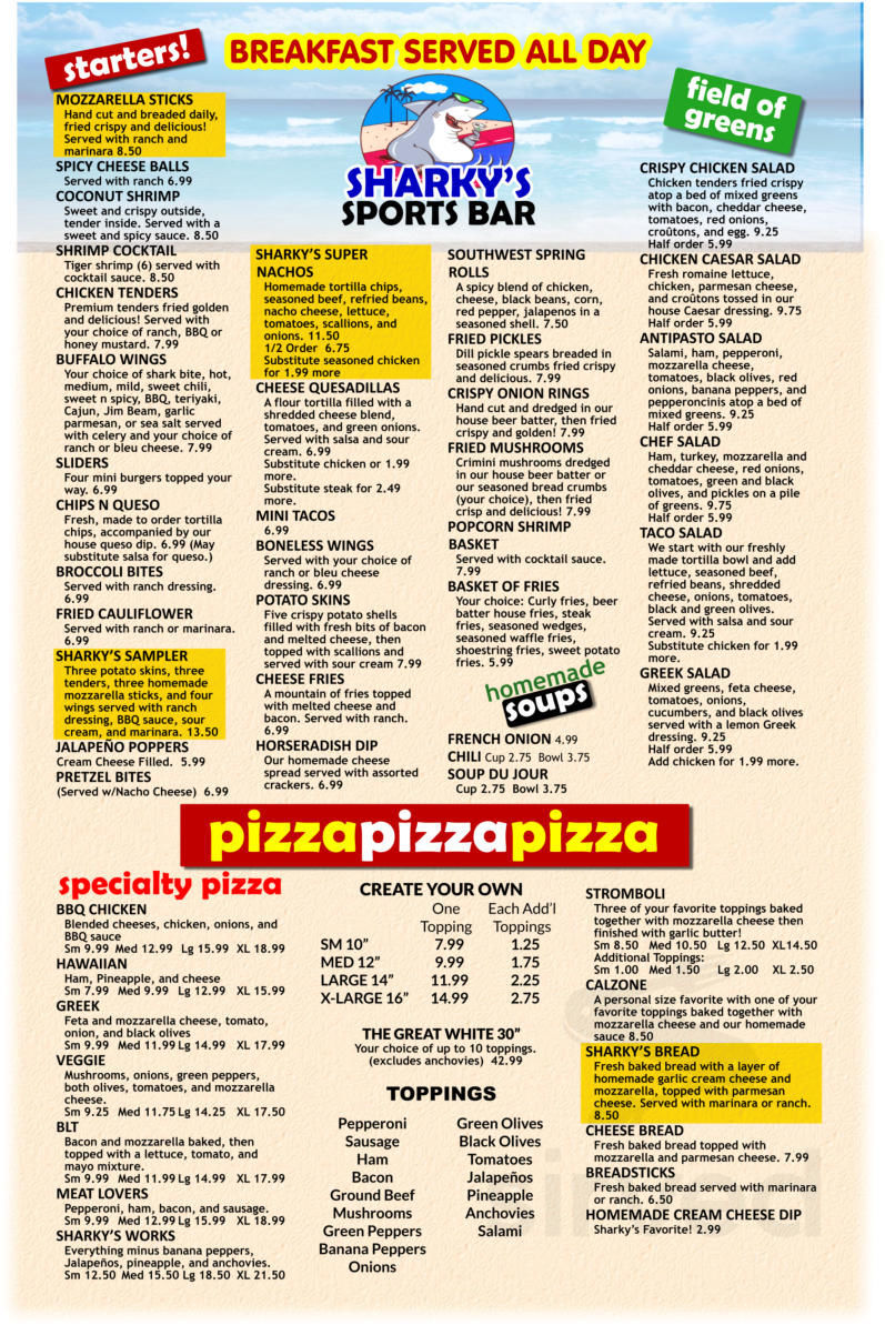 Sharky's Sports Bar menu in Burton, Michigan, USA
