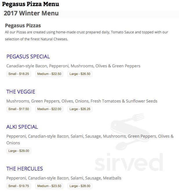 Pegasus Pizza West Seattle menu in Seattle, Washington, USA