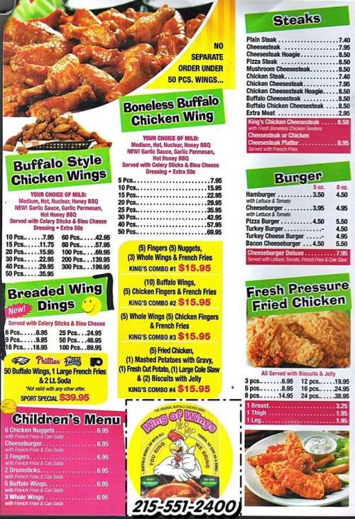 King of Wings menu in Philadelphia, Pennsylvania, USA