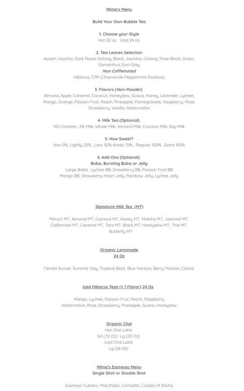 Mima's Cafe & Tea Bar Indialantic menu in Indialantic, Florida, USA