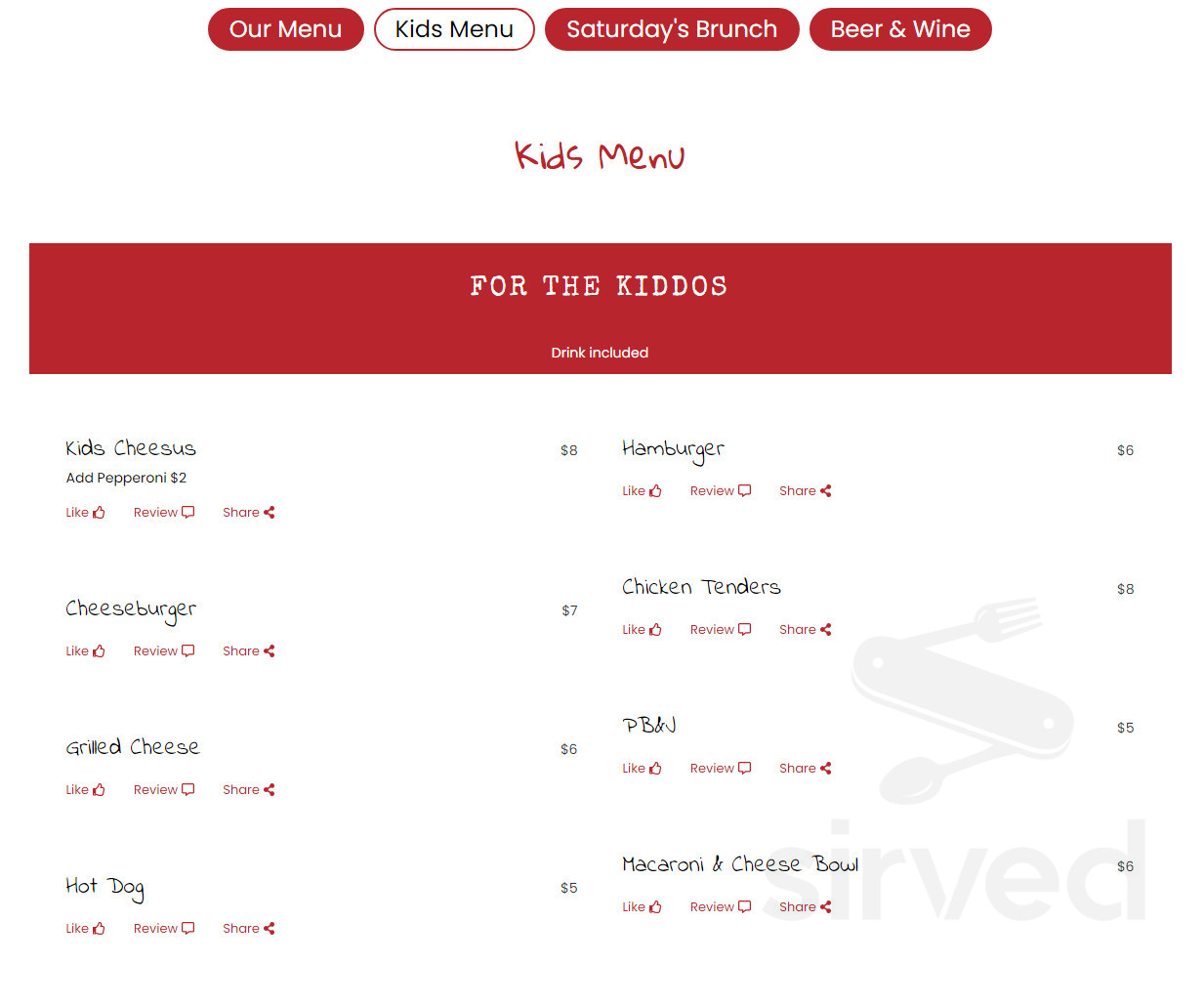Menu for Serve in Franklin, VA | Sirved
