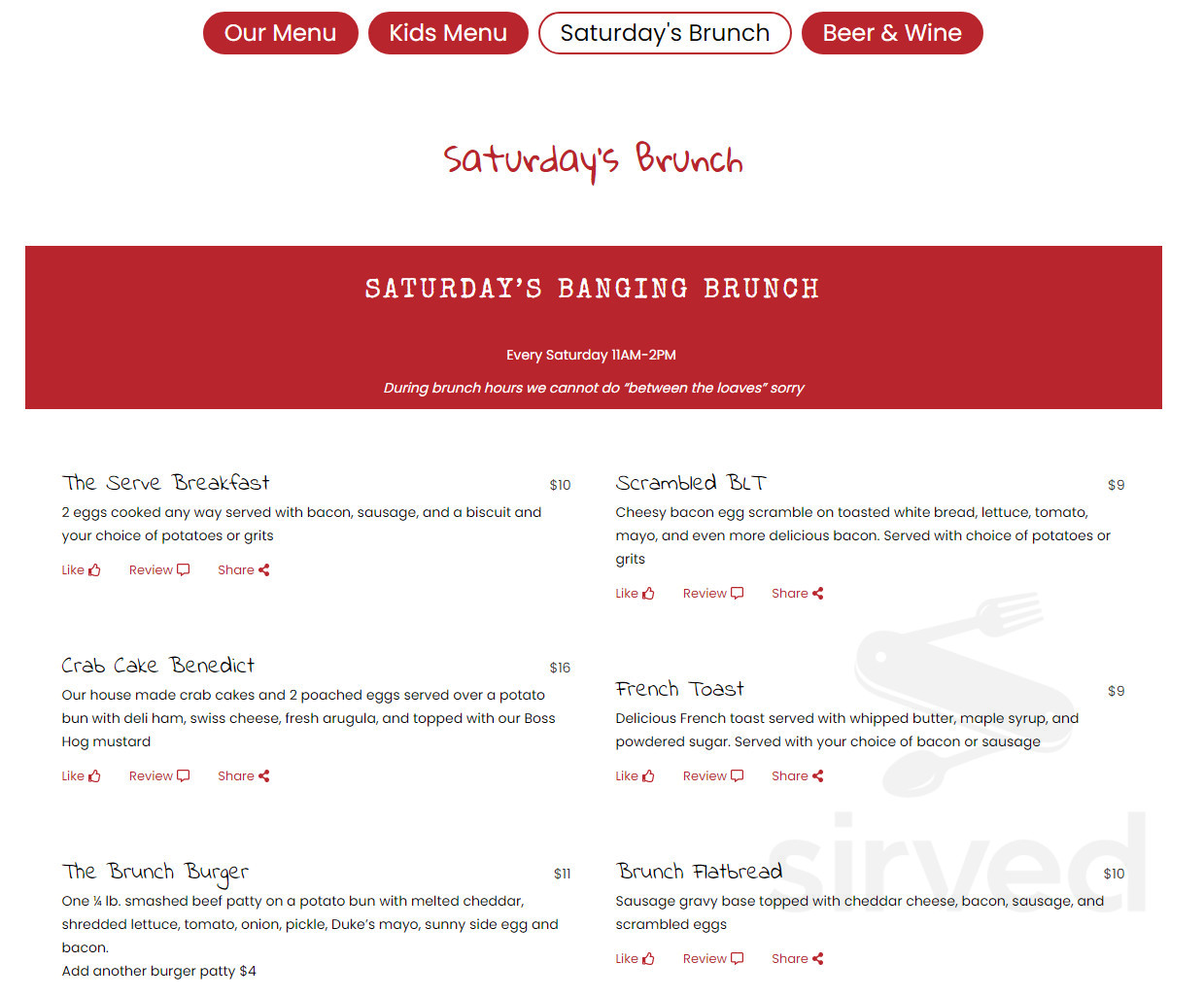 Menu for Serve in Franklin, VA | Sirved