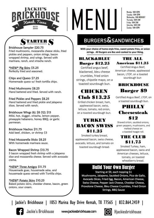 Jackie's Bar & Grill menu in Kemah, Texas, USA
